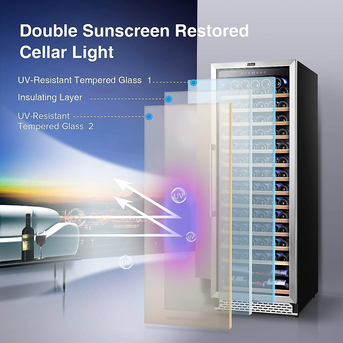 COLZER 24 Inch Wine Cooler Refrigerators,154 Bottle Fast Cooling Low Noise No Fog Wine Fridge with Professional Compressor Stainless Steel,Digital Temperature Control Built-in Freestanding