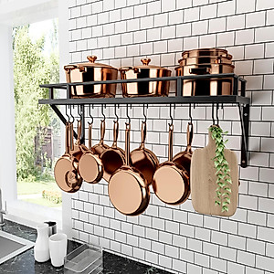 KES 30-Inch Kitchen Pan Pot Rack Wall Mounted Hanging Storage Organizer Wall Shelf with Hooks Matte Black, KUR215S75A-BK