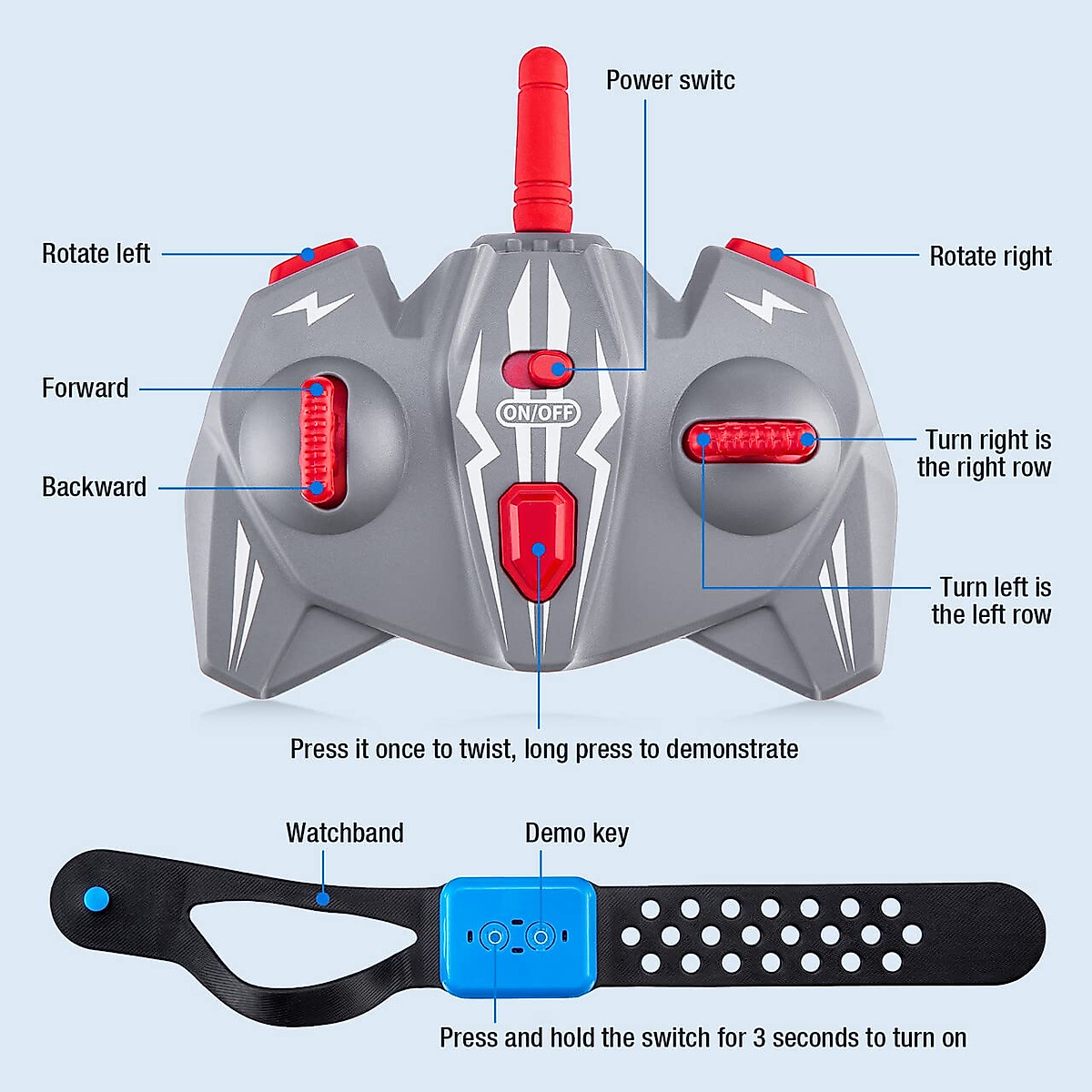 Powerextra LED Gesture Rc Car, 4WD 2.4GHz Remote Control Gesture Sensing Car, Double Sided 360° Rotating Transform Off Road Rc Stunt Car with Lights & Dance for 6-12 Year Old Boys & Girls