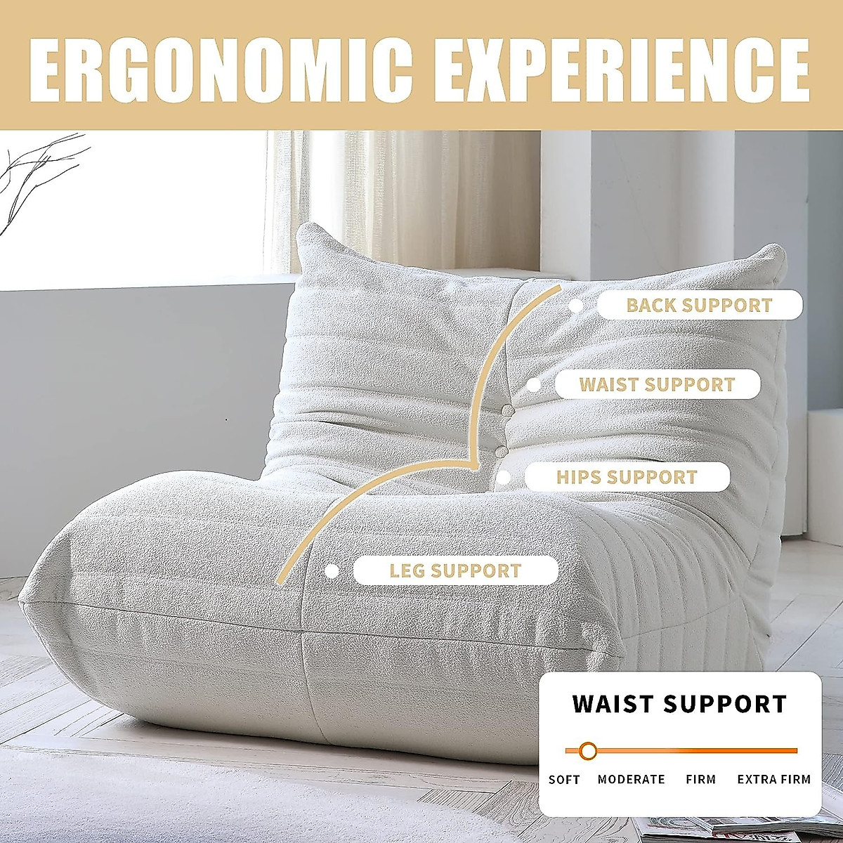 JACH 34" Comfy Lazy Floor Sofa Couch, Teddy Velvet Mohair Fireside Corner Bean Bag Chairs for Adults, Soft Lounge Foam-Filled Accent Single Chair for Living Room Bedroom Office Salon, Beige