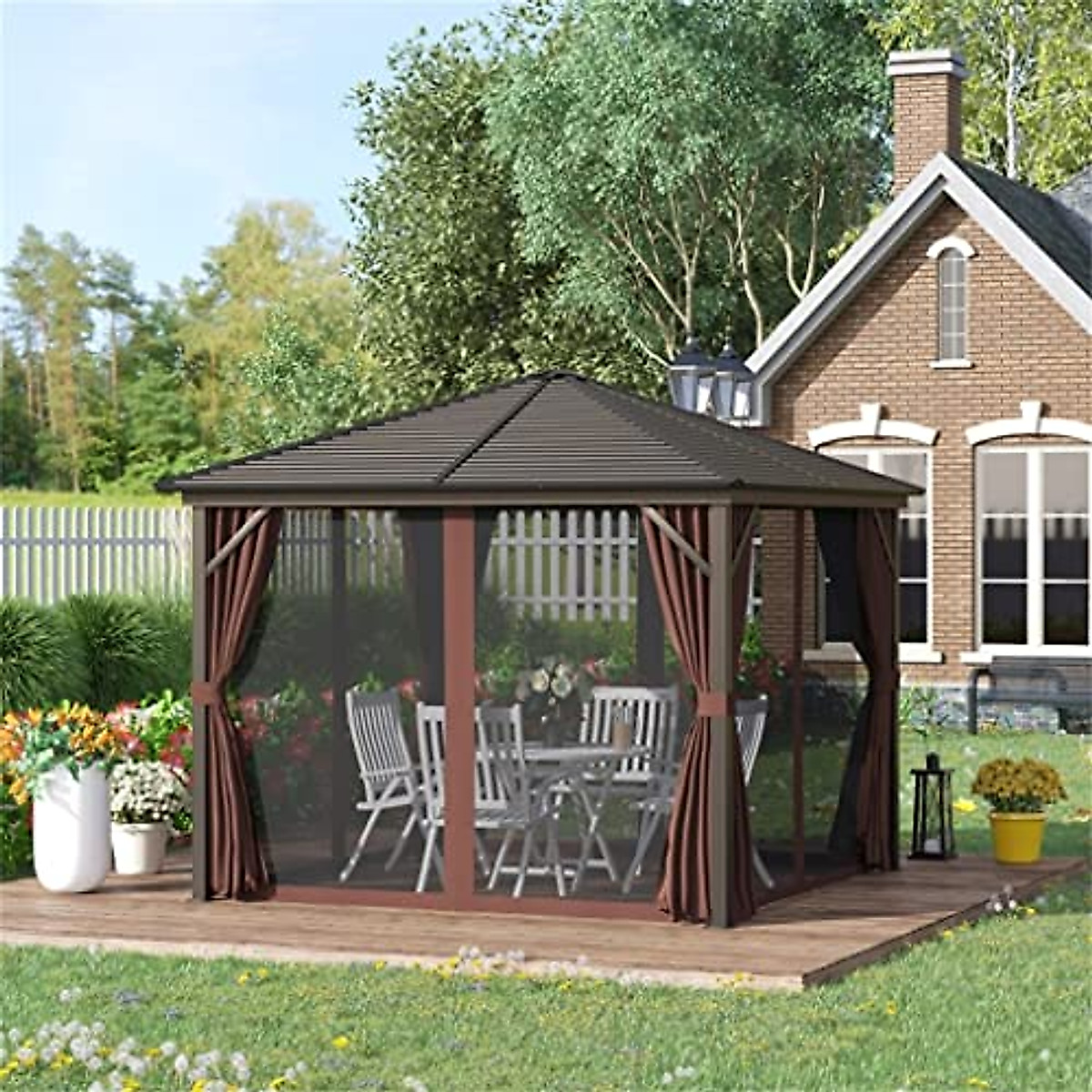 UXZDX 10'x10' Metal Roof Gazebo Canopy with Curtains&Netting, Outdoor Hardtop Gazebo with Aluminum Frame for Garden, Patio