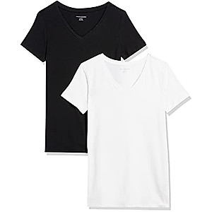 Amazon Essentials Women's Classic-Fit Short-Sleeve V-Neck T-Shirt, Pack of 2, Black/White, Medium