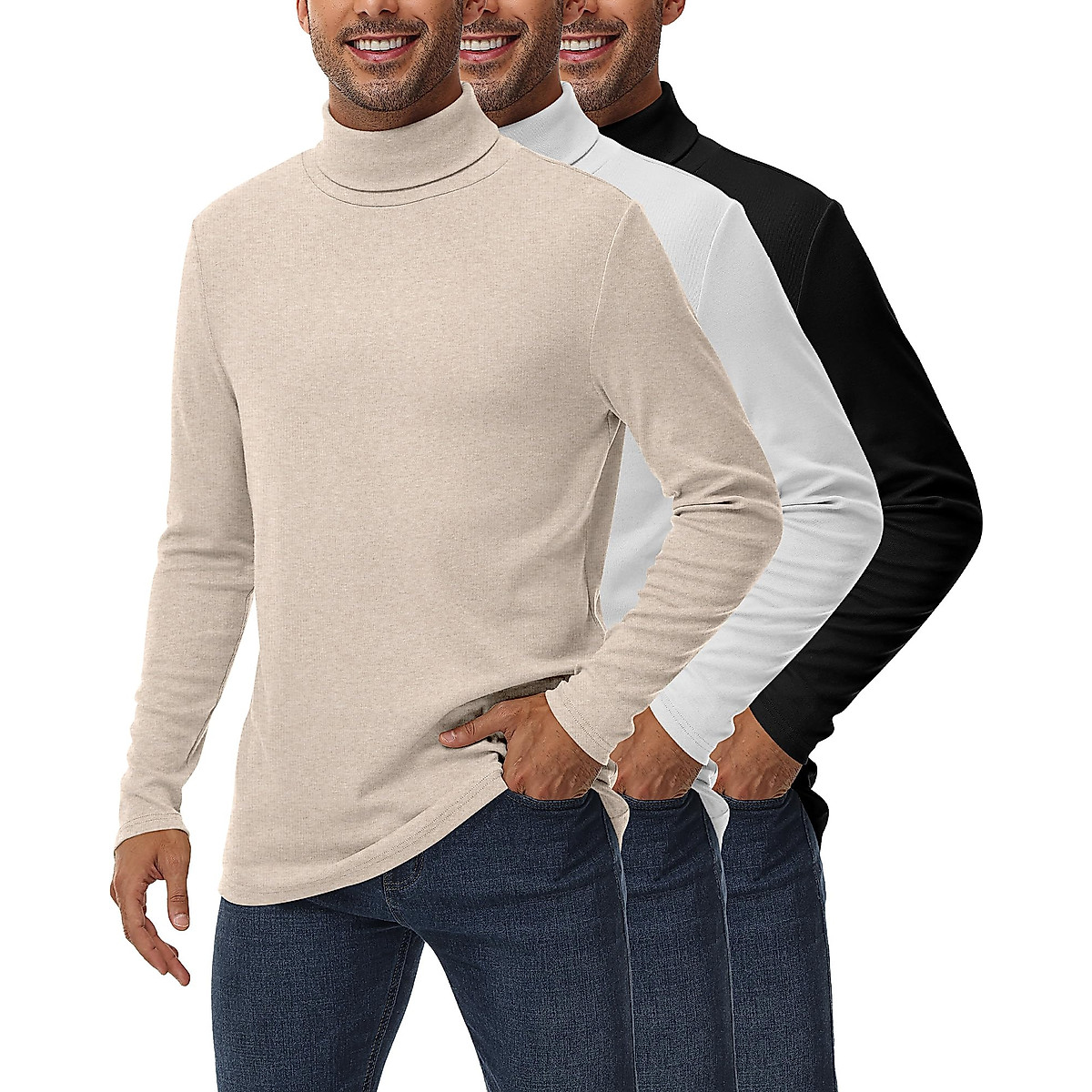 Ficerd 3 Pack Men's Turtleneck Shirts, Long Sleeve Cotton Pullover Sweaters Mock Neck Knitted T Shirt Basic Slim Fit Tee Tops(Black, White, Apricot,Large)
