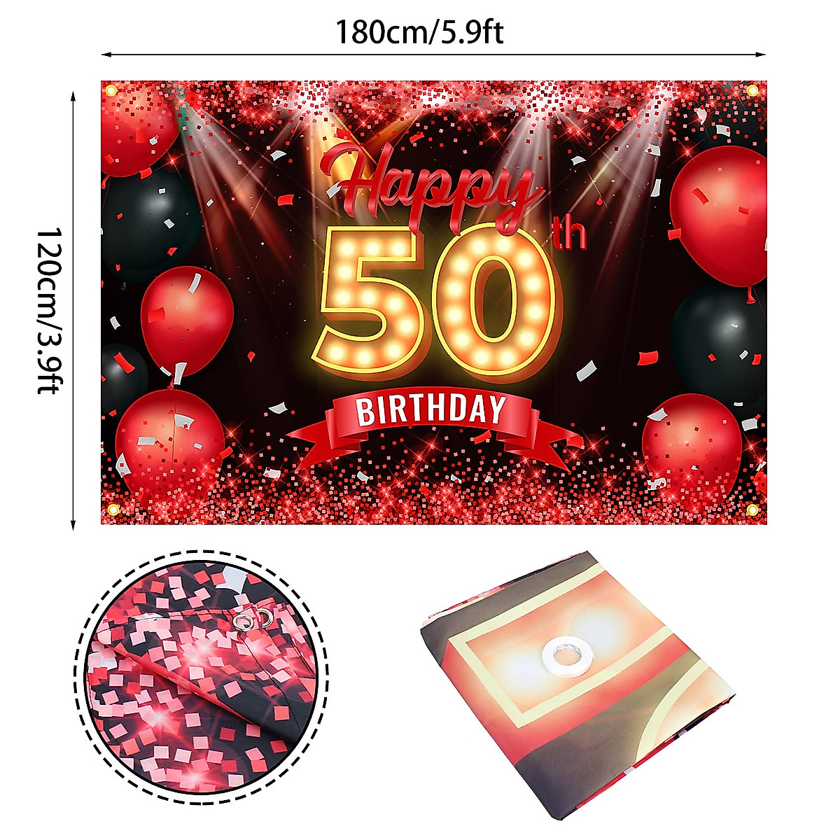 Happy 50th Birthday Banner Backdrop Red and Black 50 Years Old Background Bday Decorations for Women Men Photography Party Supplies Glitter