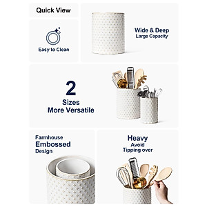 LE TAUCI Utensil Holder, 7.1"+5.4" Ceramic Kitchen Utensil Holder for Counter top, Embossed Cooking Utensil Organizer for Spatula & Spoon, Kitchen Decor, Set of 2, Arctic White, Clover