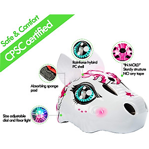 Natuway Toddler Helmet Unicorn Bike Helmet for Girls with Taillight 3D Unicorn CPSC and CPSIA Safety Certified Approximately 2-8 Years Skateboard Skating Scooter Helmet Gifts