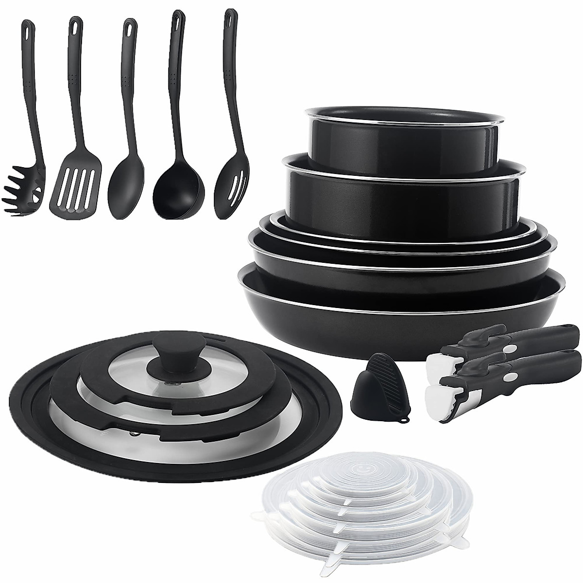 lzteck 23 Pieces Non-Stick Cookware Set,Stackable Pans and Pots Set with Removable Handles, Space Efficient for RVs and Camping,Oven,Induction,Gas,Electric & Stovetops,Dishwasher Safe
