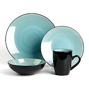 HomeVss Sonoma 16 Piece Stoneware Dinner Set, Outside Black + Inside Handpainted Color Turquoise with speckle