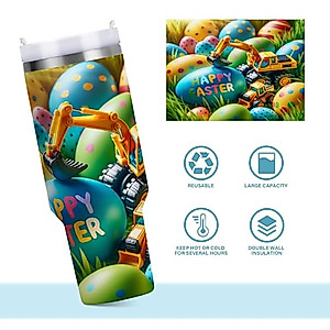 Maunzc 30 oz Tumbler with Handle and Straw, Insulated Stainless Steel Travel Mug with Lid for Coffee, Iced Tea, Water, Gift for Men Women (Easter Eggs in Grass)