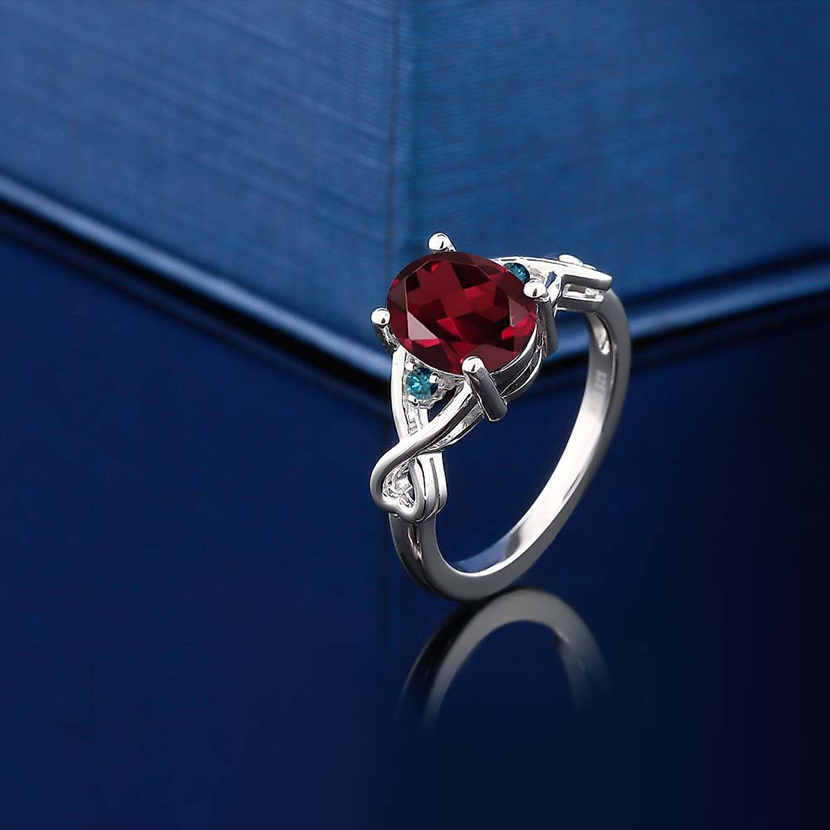 Gem Stone King 2.06 Ct Oval Red Rhodolite Garnet Blue Diamond 925 Sterling Silver Ring (Size 8)