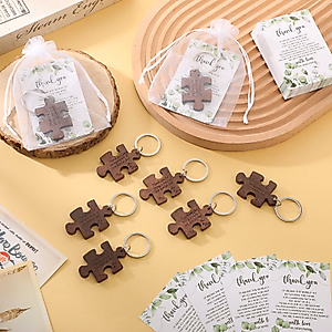 Sintuff 50 Sets Wedding Keychains Gifts for Guests Rustic Wood Puzzle Keychain with Thank You Cards and Organza Bags Wedding Favors Bridal Shower