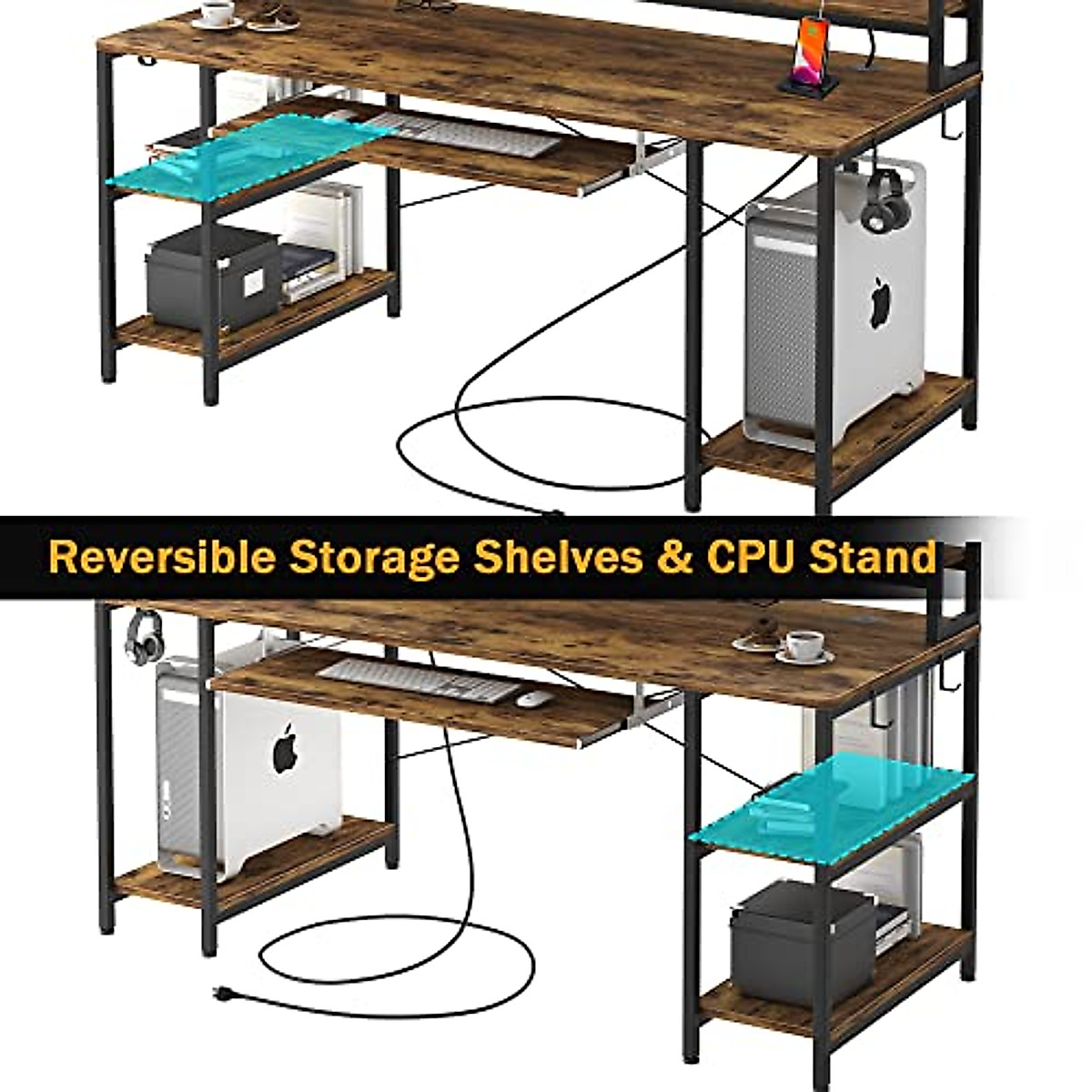 55" Computer Desk with Power Outlet & USB Ports, Reversible Desk with Hutch Shelves Keyboard Tray Monitor Shelf, Home Office Desk Gaming Desk, Study Writing Workstation, Easy Assembly, Rustic Brown