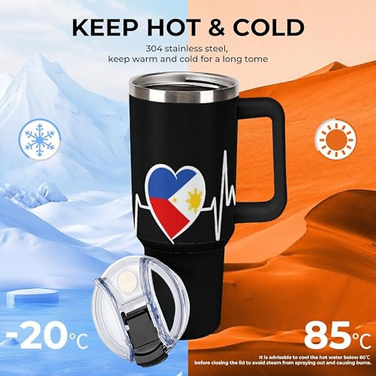 Heart America And Philippines Flag 40 Oz Tumbler with Handle And Straw Lid,Insulated Reusable Stainless Steel Travel Glass Mug 40 Ounces