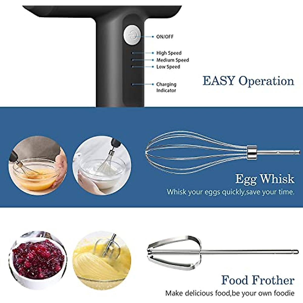 Cordless Electric Whisk - Hand Mixer Portable Handheld Electric Mixer with 3-speed Self-Control, 304 Stainless Steel Beaters & Balloon Whisk, for Whipping, Mixing,Pudding, Cookies, Cakes, Batters