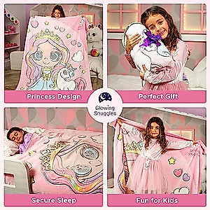 GLOWING SNUGGLES Princess Unicorn Glow in The Dark Blanket for Girls - Unicorn Princess Birthday Halloween Thanksgiving for Girls; Unicorn Princess Toys; Cute Soft Room Decor