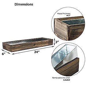 CYS EXCEL Wood Rectangular Planter Box with Removable Zinc Metal Liner (H:3" Open:24"x6") | Multiple Size Choices Wood Rectangular Planter | Indoor Decorative Window Box