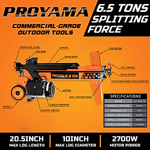 PROYAMA Log Splitter 6.5 Ton, Wood Splitter Electric Powered 15Amp, with Hydraulic Ram, Electric Firewood Splitting Machine, Horizontal