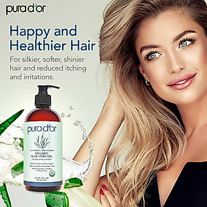 PURA D'OR 16 Oz ORGANIC Aloe Vera Gel - Lavender - All Natural - ZERO Artificial Preservatives - Deeply Hydrating & Moisturizing - Sunburn, Bug Bites, Rashes, Small Cuts, Eczema Relief - Skin & Hair