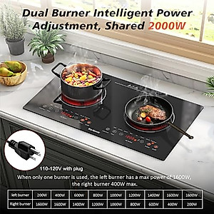 Karienvir 2 Burner Electric Cooktop 110v, 24 Inch Electric Stove Countertop & Built-in, Plug-in Electrics Cooktop, 8 Power Levels & 8 Functions, Touch Control, Safety Lock, Timer, 2000W, Karienvir