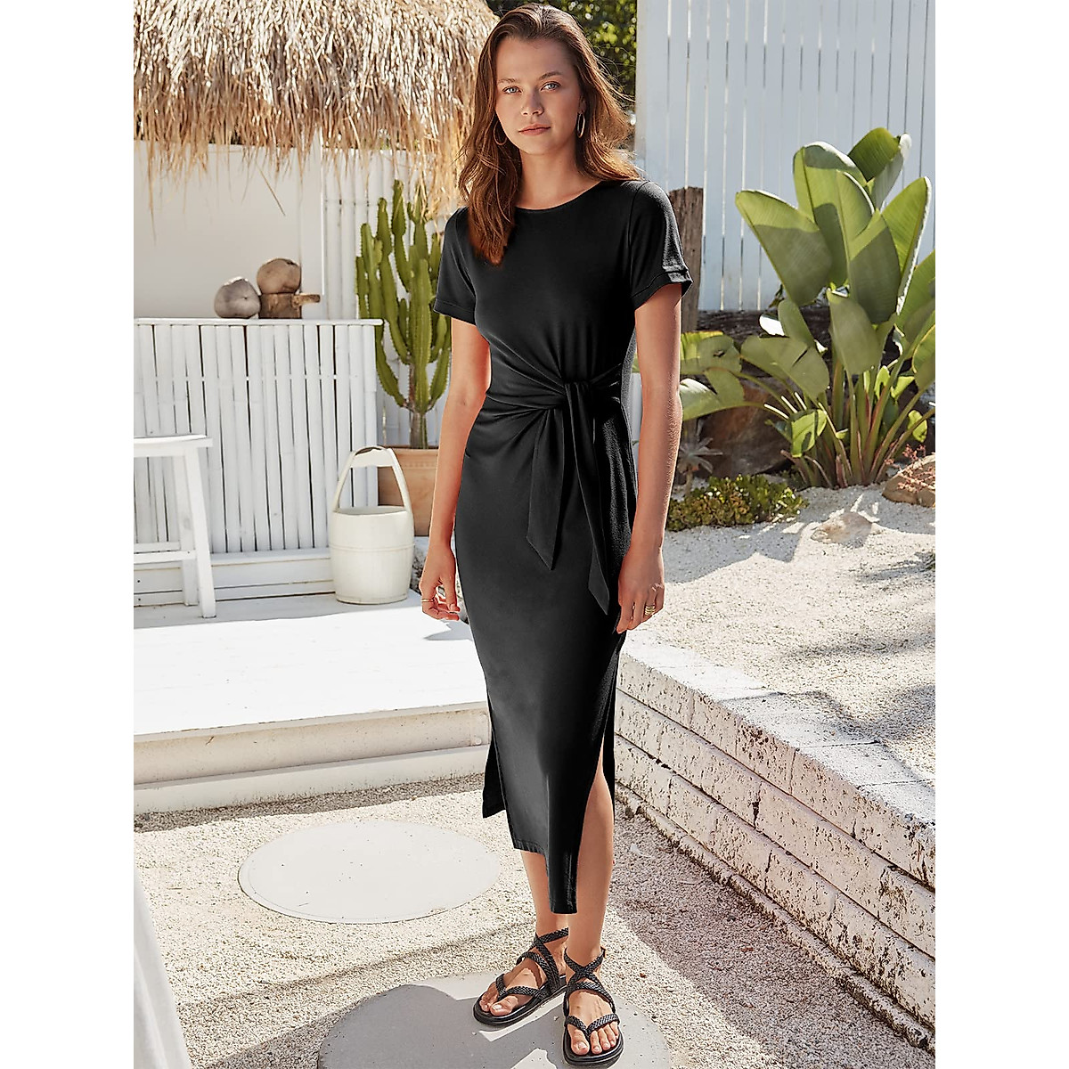 ANRABESS Women's 2025 Summer Maxi Tshirt Dress Short Sleeve Crewneck Tie Waist Casual Slim Fit Slit Spring Long Beach Dresses Black Large