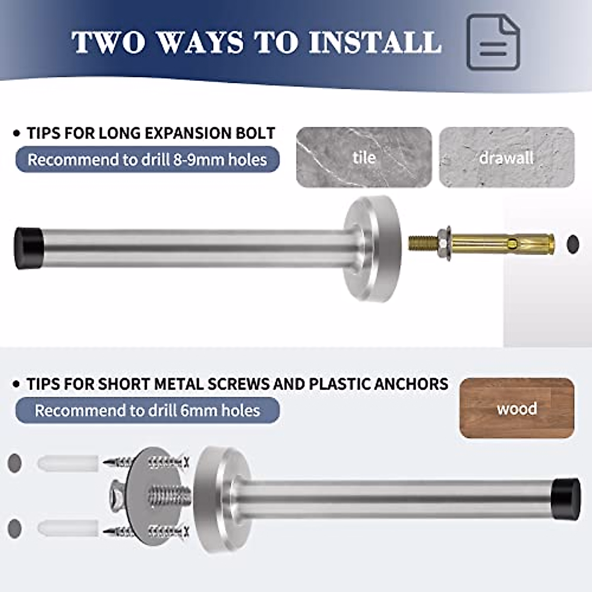 Door Stops, Long Door Stopper 6 Inch Wall Mount Modern Doorstop Heavy Duty Solid Door Holder with Soft Rubber Bumper, Extra Long Door Stoppers for Bottom or Top of Door