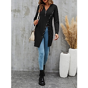 LYANER Women's Sexy Zip Up V Neck Long Sleeve Side Split Asymmetrical Hem Longline Tunic Blouse Top Black X-Large