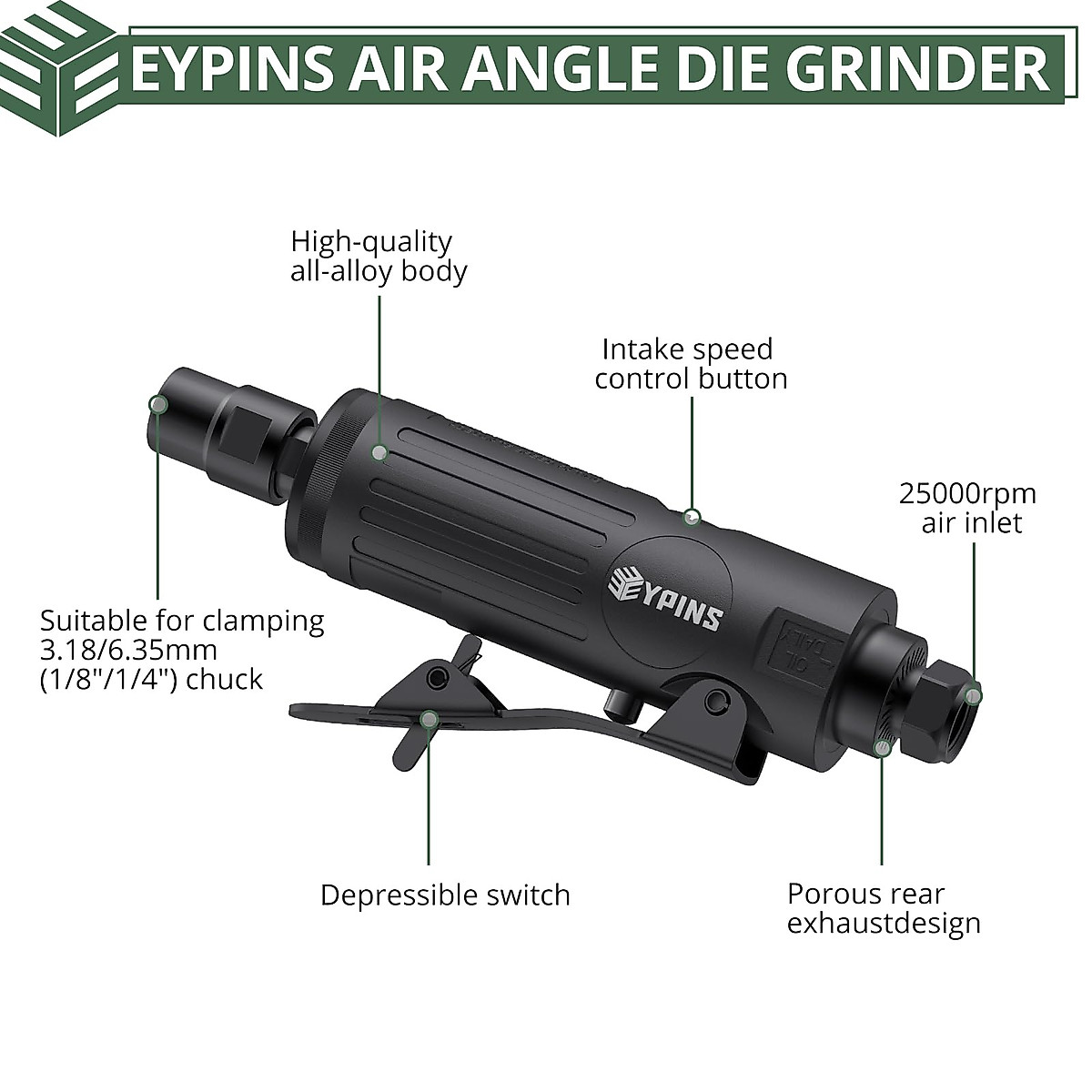 EYPINS Air Straight Die Grinder,1/4" Pneumatic Angle Die Grinder,25000 RPM,Heavy Duty Compressed Sander Polisher for Contour Grinding, Cutting, Polishing, Weld Repair,Deburring