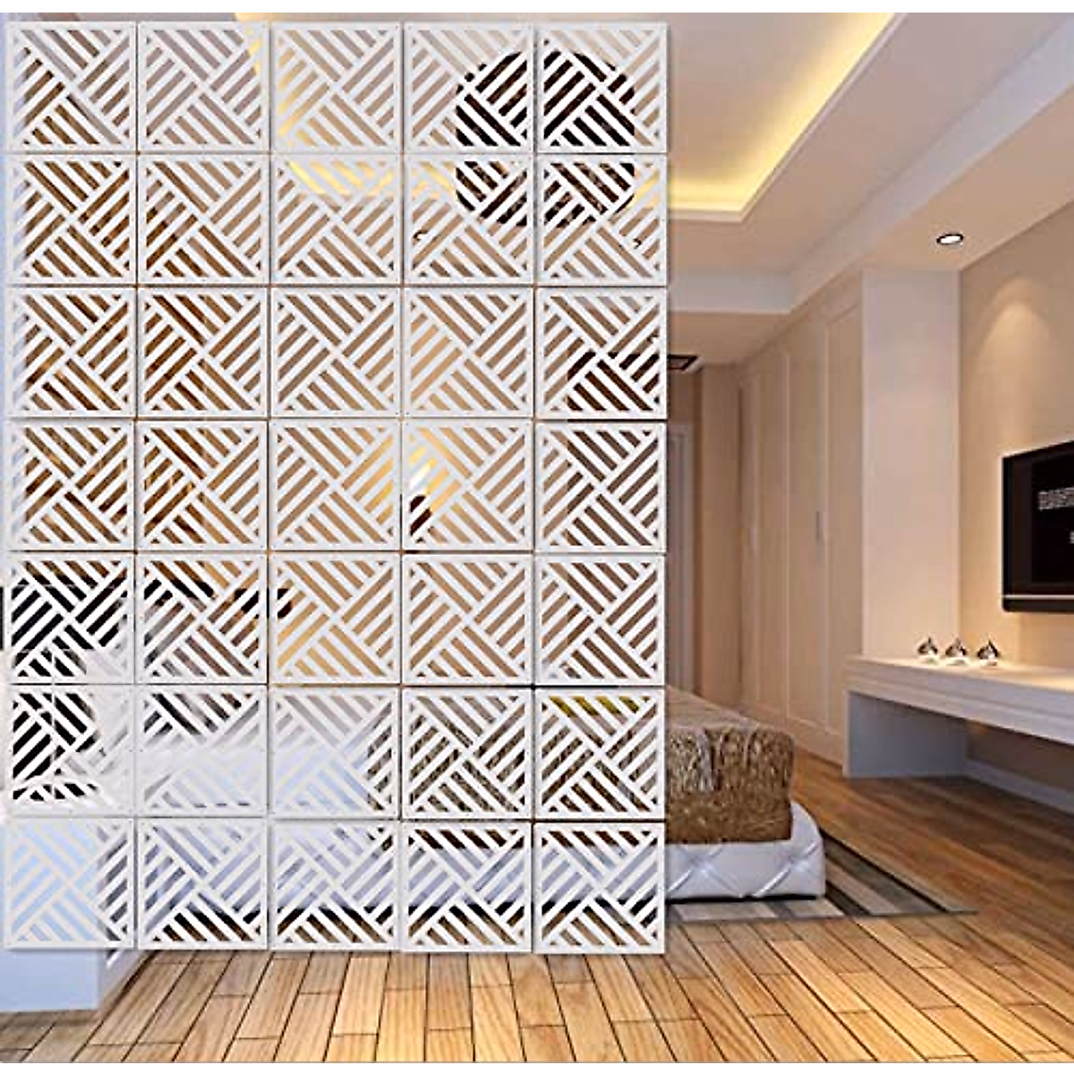 BMIDRUT White Hanging Room Divider,12 Pieces Wood-Plastic DIY Panel Screens Partition Wall Dividers Room Decoration with All Accessories 11.4x11.4 Inch