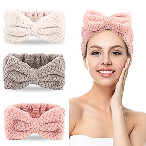 DOOBO 3 Pack Spa Headbands Microfiber Bowtie Headbands for Women for Washing Face, White, Gray, Pink