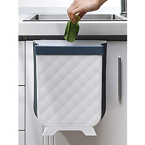 Hanging Folding Garbage Bin 2.4 Gallon Waste Bin, Plastic Waterproof Small Trash Can for Kitchen Bedroom Bathroom White and Blue