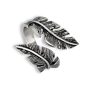 Fantasy Forge Jewelry Valkyrie Feather Ring Womens Stainless Steel Open Adjustable Viking Band Sizes 7-10 (9)