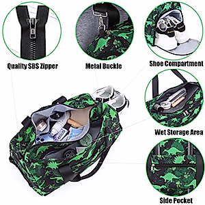 Duffle Bag for Kids Travel Overnight Bags Boys Sport Gym Bag with Shoe Compartment & Wet Pocket, Small Carry-On Size & Ideal for School Practice or Weekender Travel Bag （Green DInosaur）