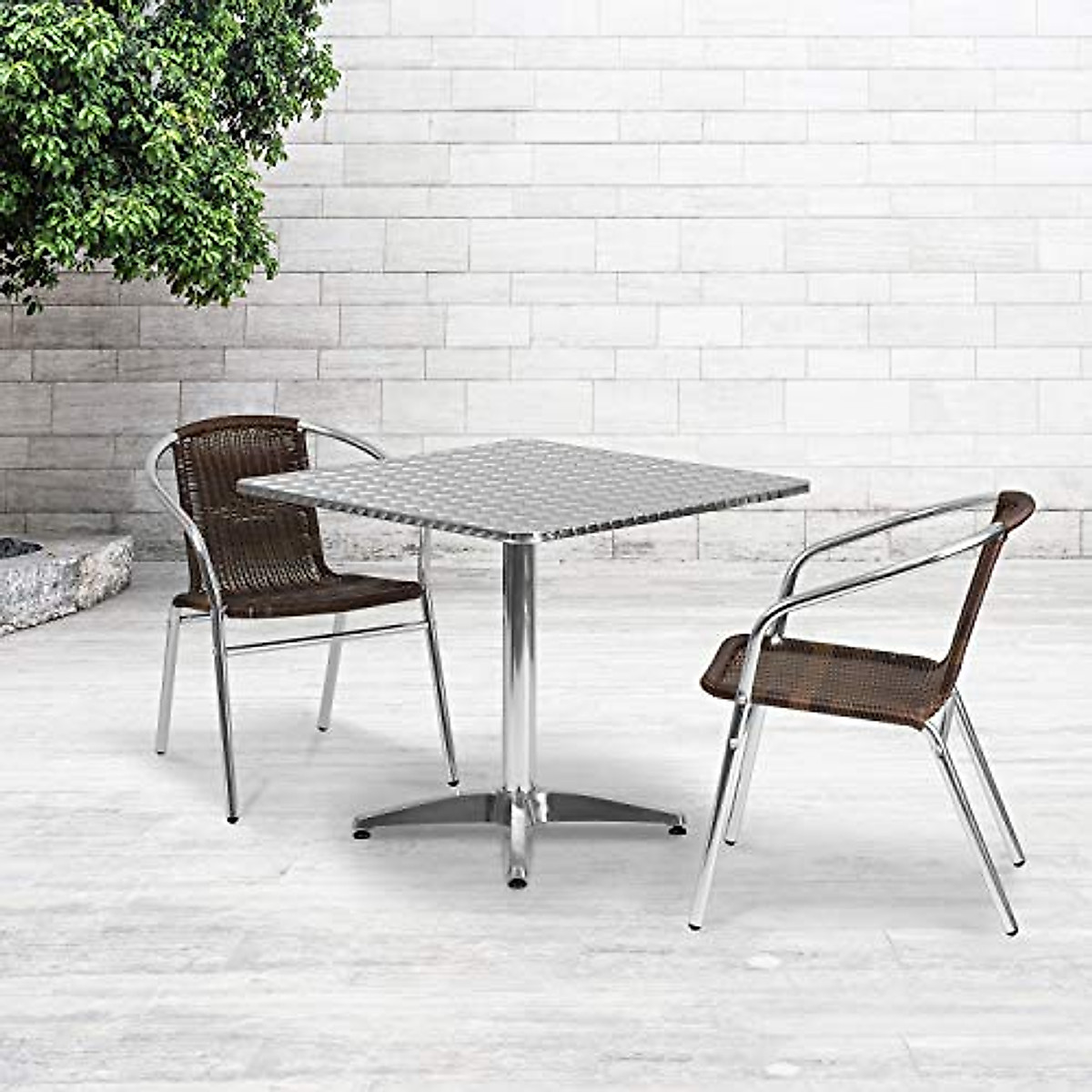 Flash Furniture Lila 31.5'' Square Aluminum Indoor-Outdoor Table Set with 2 Dark Brown Rattan Chairs