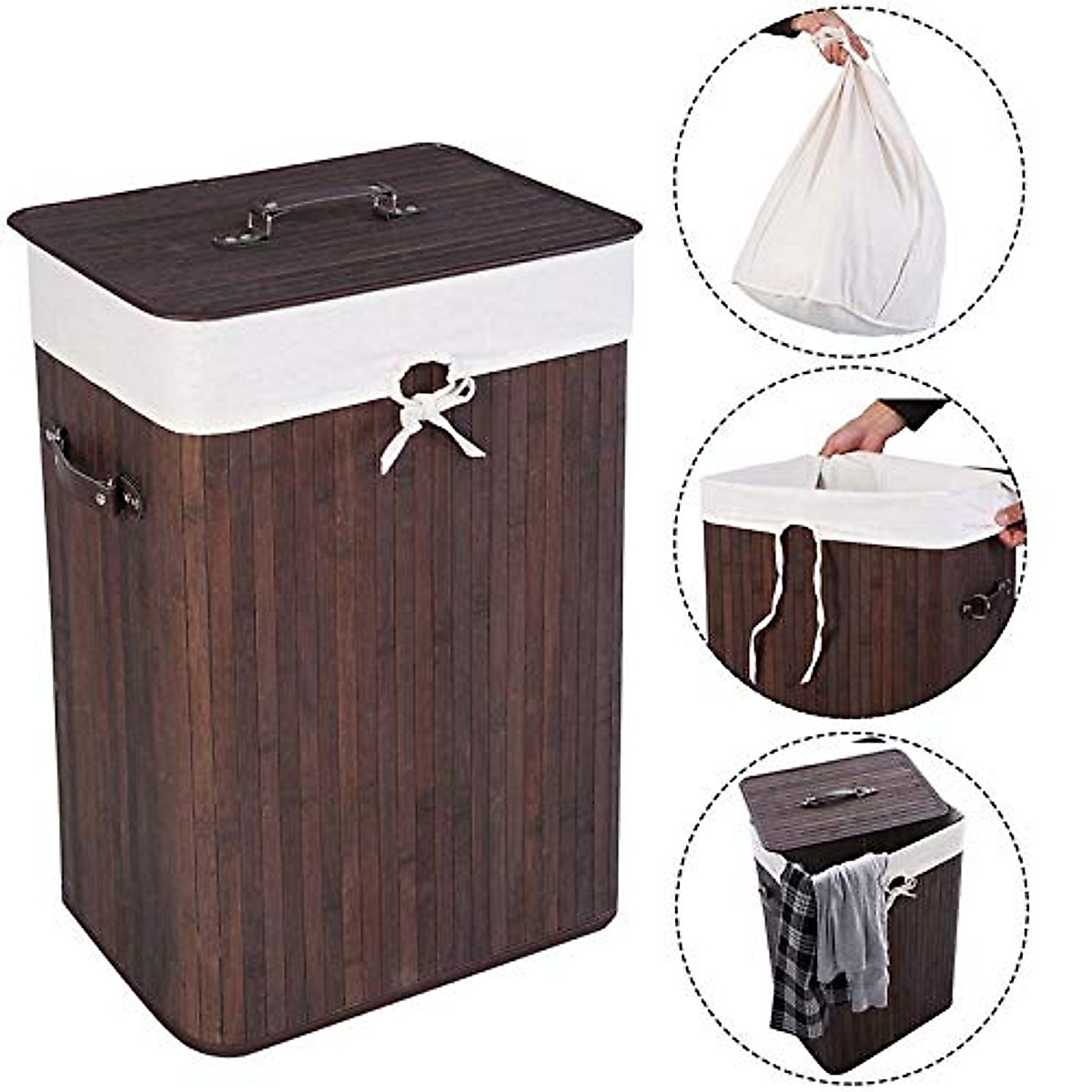 Laundry Hamper Bamboo Laundry Basket, Clothes Hamper with Lid and Removable Liner, Single Lattice Bamboo Folding Basket Body with Cover , Rectangle Clothes Bin for Laundry Room Bedroom (Dark Brown)