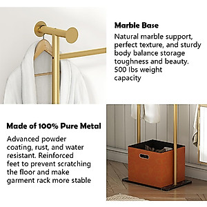 Gold Clothing Rack, Metal Coat Racks Clothes Rack with Natural Marble Base and Hamper, Clothes Racks for Hanging Clothes Skirts, Shirts, Sweaters Jackets