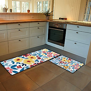 Kitchen Rugs and Mats Set of 2 Pieces Anti Fatigue Standing Mat Multicolor Floral Blue Leaves Summer Spring Non Slip Washable Comfort Flooring Carpet Runner for Kitchen Home