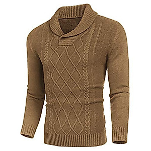 COOFANDY Men's Shawl Collar Sweaters V-Neck Cotton Relaxed Fit Cable Pullover (Khaki, XXX-Large)