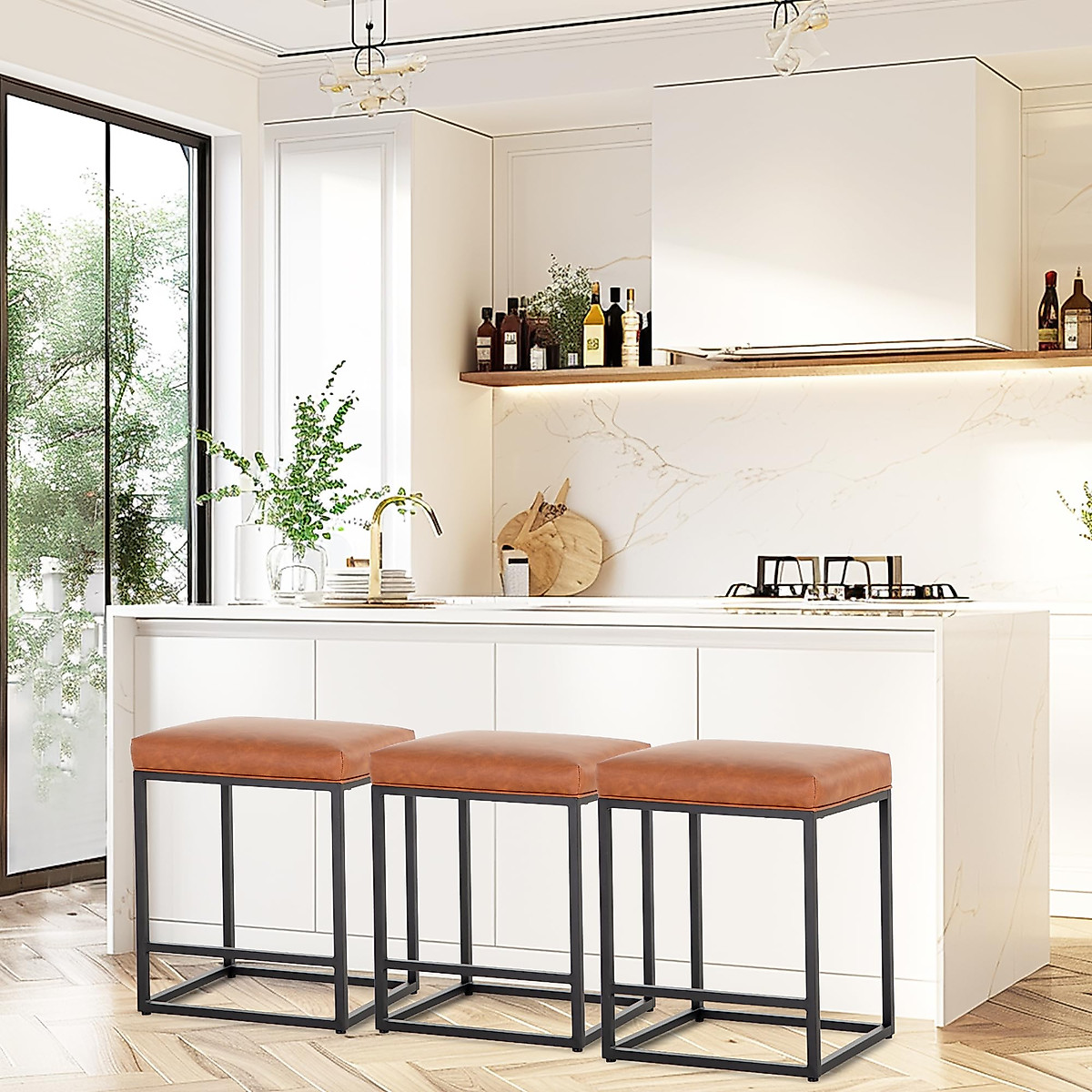 PHI VILLA Brown Bar Stools Set of 4-24 inch Counter Stools for Kitchen Island, Counter Height Bar stools