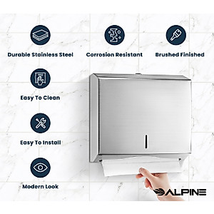 Alpine Industries C-Fold/Multifold Paper Towel Dispenser - Brushed Stainless Steel (290 C Folds/ 380 Multi-Fold)