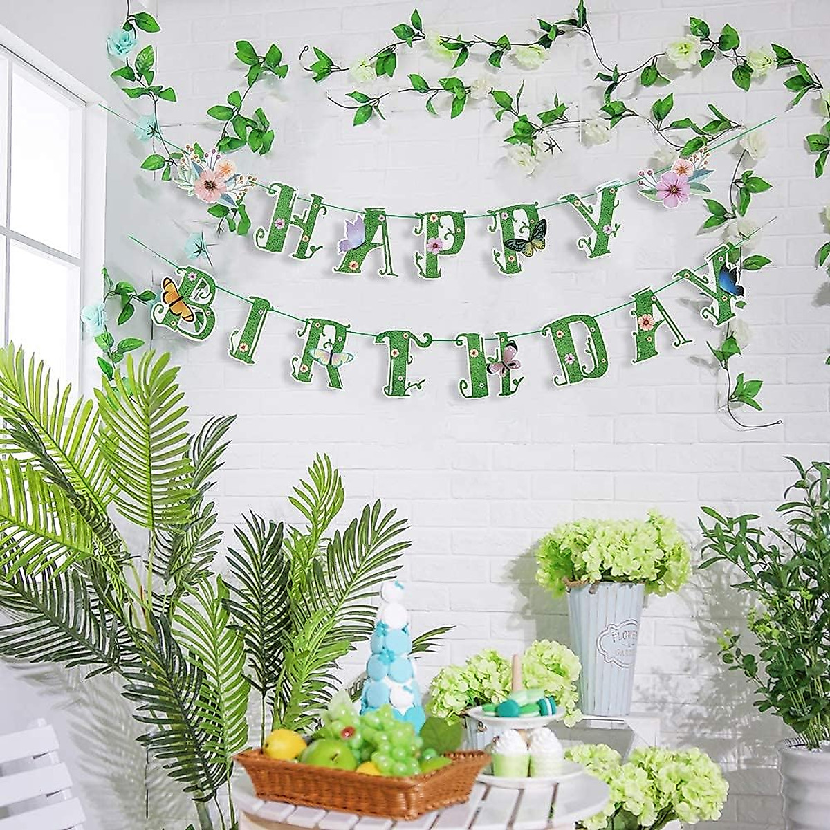 SUNBEAUTY Spring Happy Birthday Banner Green Spring Butterfly Flowers Banner Summer Spring Butterfly Birthday Party Decorations | Pre-Strung