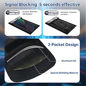 Upgraded 2 Pockets Faraday Bags(2 PACK), RFID Signal Blocking Faraday Pouch for Phones Car Key, Fireproof Waterproof Phone Charging Explosion-Proof, Aluminum Foil Reflective Strip Anti-Theft(10"×4.7")