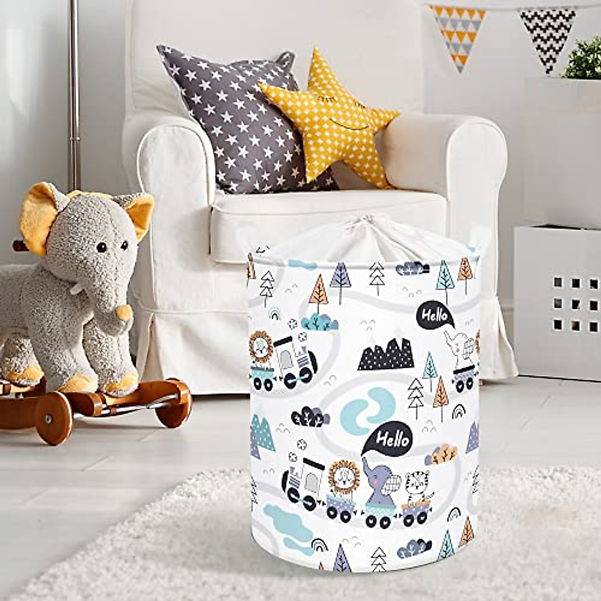 Clastyle 45L Urban Traveling Animals Elephant Nursery Laundry Basket Lion Tiger Train Round Toy Clothes Storage Basket for Kindergarten, 14.2x17.7 in