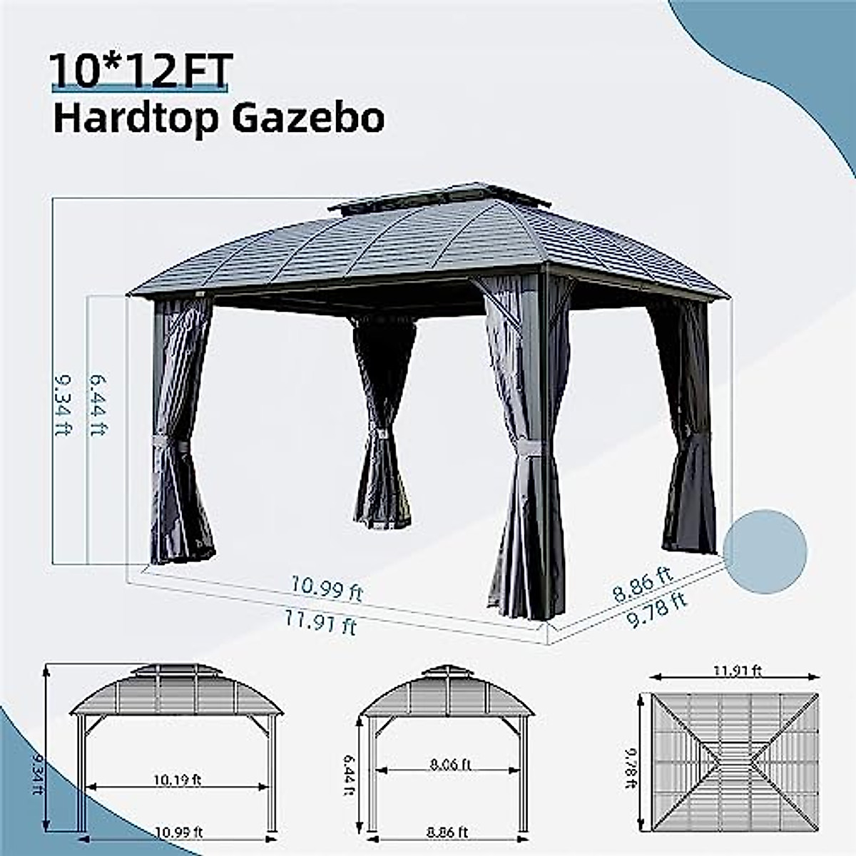 10x12Ft Hardtop Gazebo Aluminum Frame Galvanized Steel Double Roof Patio Gazebo Outdoor Canopy Tent with Zippered Mosquito Netting and Curtains, Black
