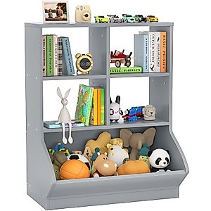 Aheaplus Toy Storage Organizer with Bookcase, 40'' Tall 5 Cubby Bookshelf Toy Storage Cabinet, Open Multi-Bins Wooden Toys&Books Storage Display Organizer for Playroom, Bedroom, Nursery, School, White
