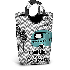 Wondertify Camper RV Laundry Hamper Trailer Travel Tree Chevron Zig-Zag Stripes Camping Happy Camp Clothes Basket With Easy Carry Handles For Clothes Organizer Toys Storage