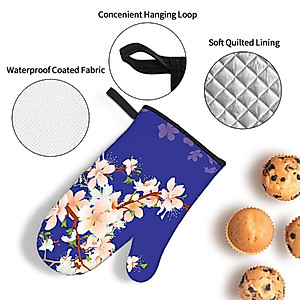Swono White Floral Oven Mitts and Pot Holders Sets,Peach Tree with Flower in The Blue Background Kitchen Cooking Gloves Heat Resistant Baking for BBQ Grilling