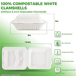 Azure Zone, 8", 3-Compartment Compostable Clamshell, 200 Pack to Go Containers, Biodegradable Made of Sugar Cane Fibers