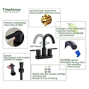 TimeArrow Matte Black Two Handle Centerset Bathroom Sink Faucet with Pop up Drain, High Arc Modern 4 Inch Bathroom Vanity Lavatory Faucet 3 Holes with Brass 360° Swivel Spout, TAF067E-MB