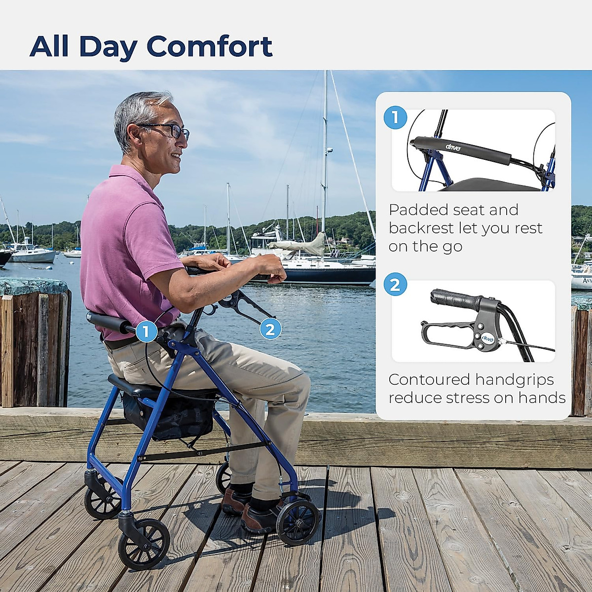 Drive Medical Aluminum Rollator Walker Fold Up and Removable Back Support, Padded Seat, 6" Wheels, Blue,R726BL