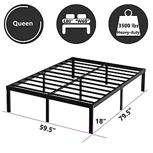 QUALEONA Bed-Frame-Queen, 18 Inch Metal Platform Queen-Size-Bed-Frame, No Box Spring Needed, Heavy Duty Steel Slat Support, Noise Free, Easy Quick Assembly, Black